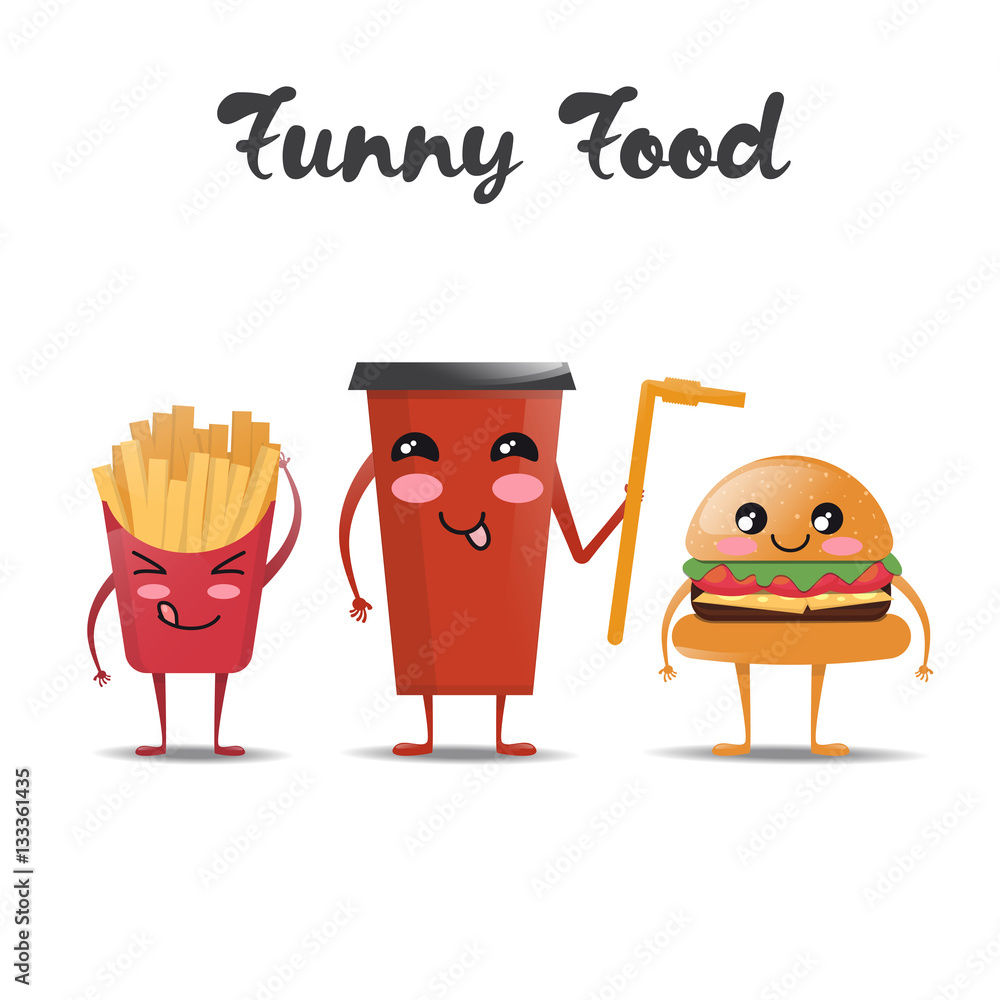 Funny cartoon food. Cheeseburger. Cola. French fries. Fast food Stock ...
