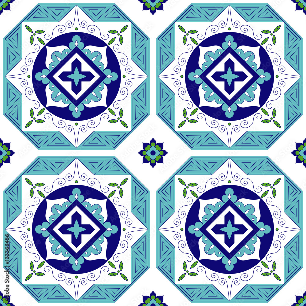 Spanish pattern from blue, green and white tiles ornaments. Portuguese ...