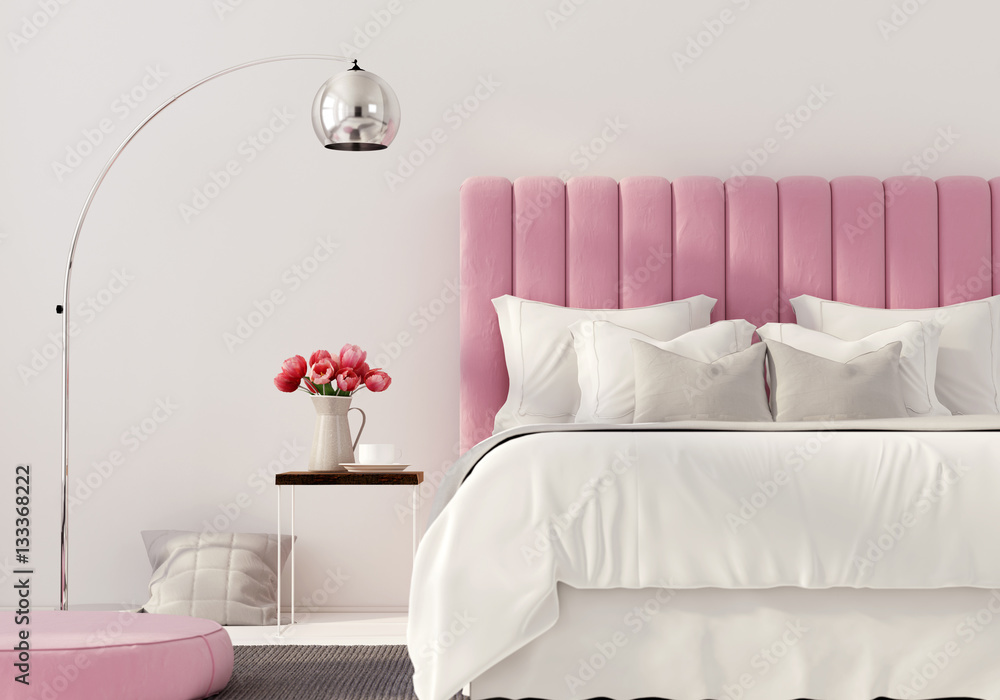 Modern bedroom with pink bed Stock Illustration | Adobe Stock