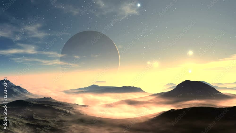 Moonrise And Sunrise On An Alien Planet. From glowing hazy horizon ...