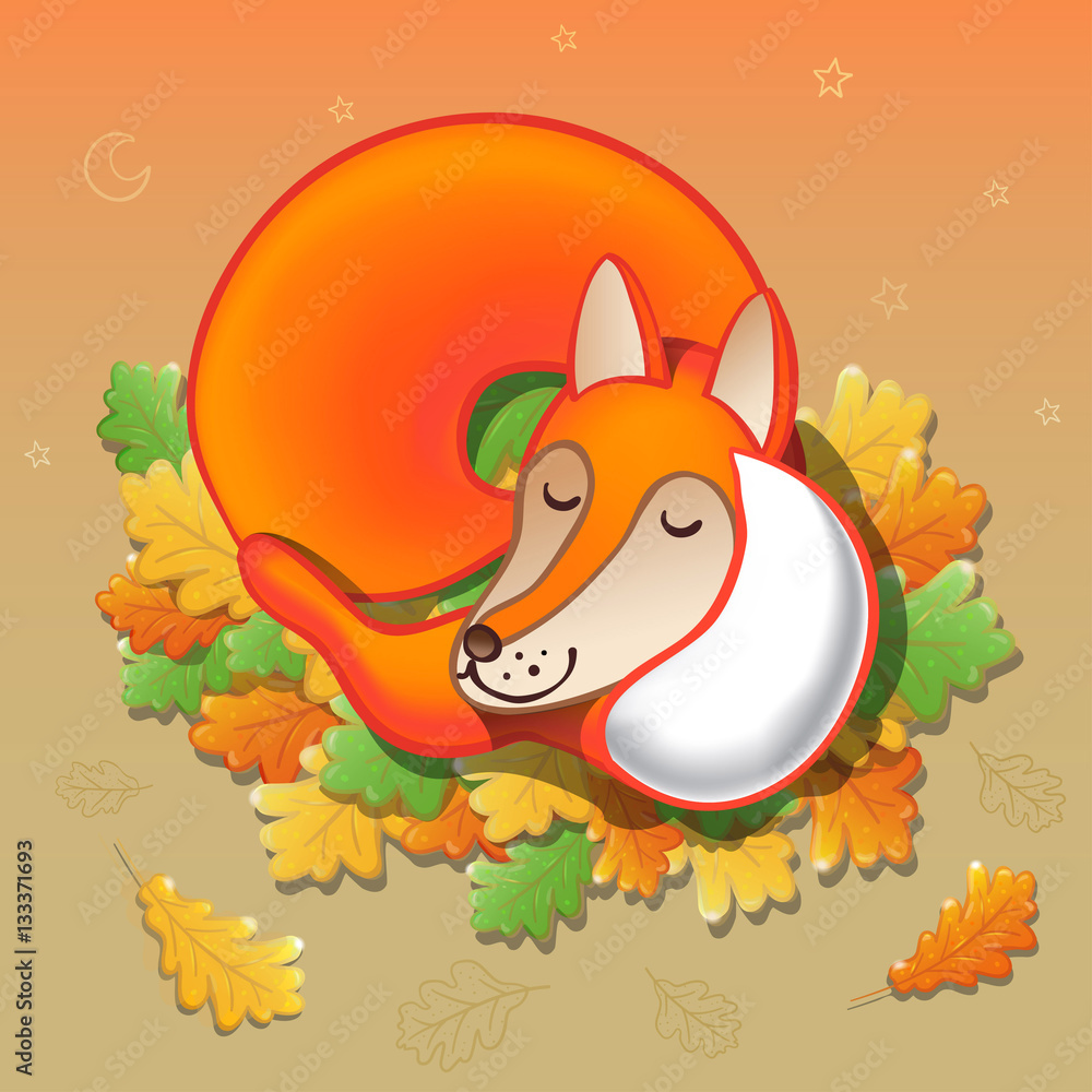 Cute cartoon fox sleeps on oak leaves. Good night! Stock Vector | Adobe ...