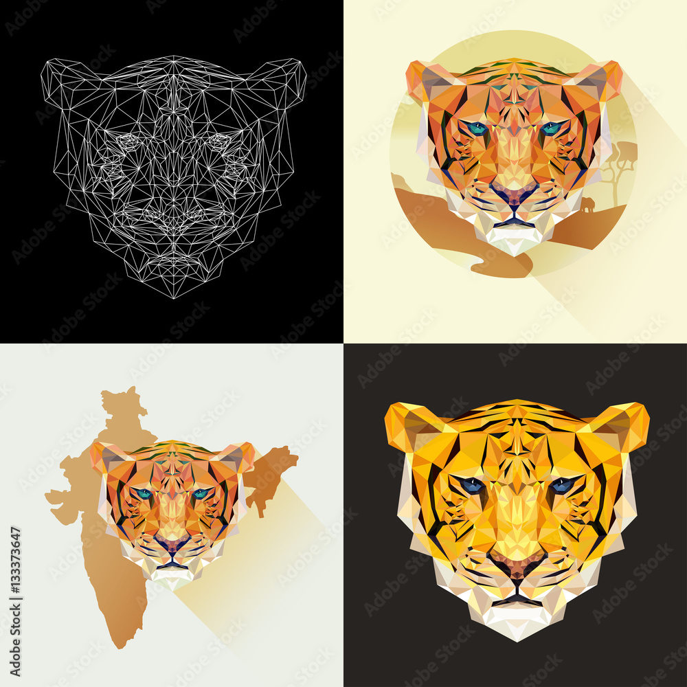 Dangerous mammal animal. Vector set tigers in polygonal style ...