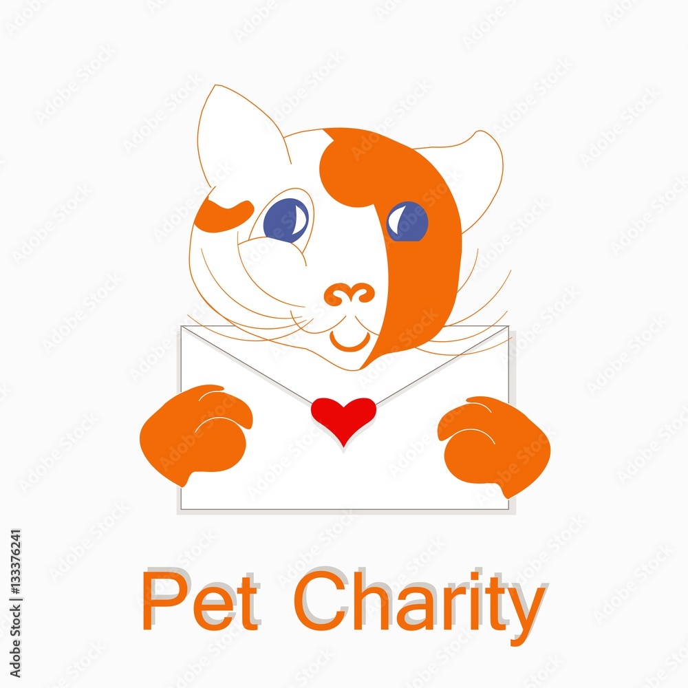 Typography banner Happy Pet Charity, red and white cartoons cat with ...