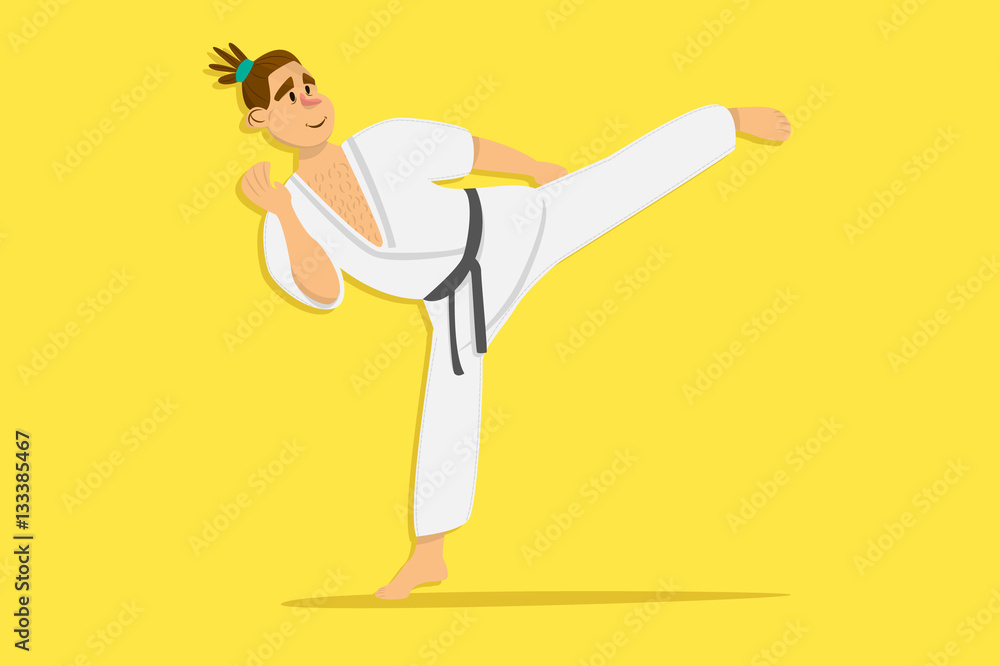 Cartoon karate man wearing kimono training. comic character on yellow ...