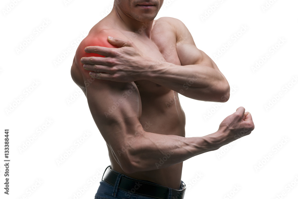Man with pain in shoulder, ache in muscular male body, isolated on ...