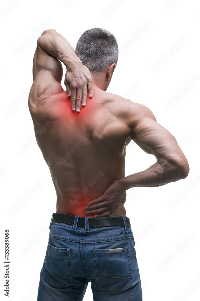 Middle aged man with back pain, muscular male body, studio isolated ...