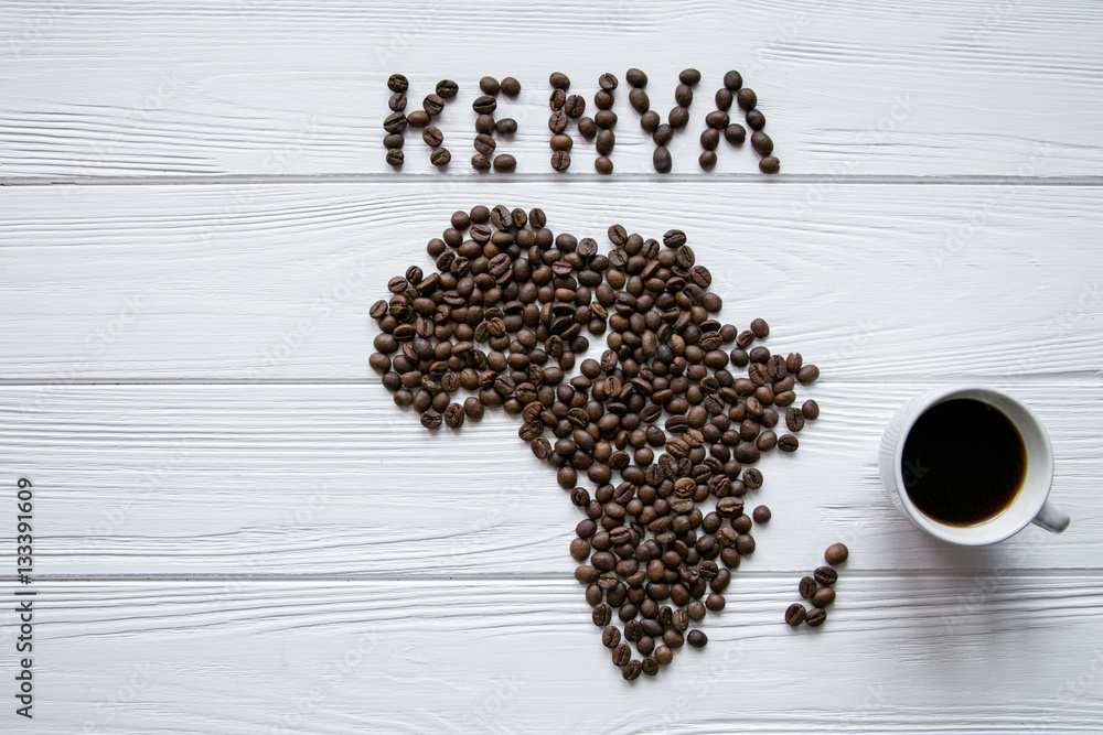 Map of the Kenya made of roasted coffee beans laying on white wooden ...