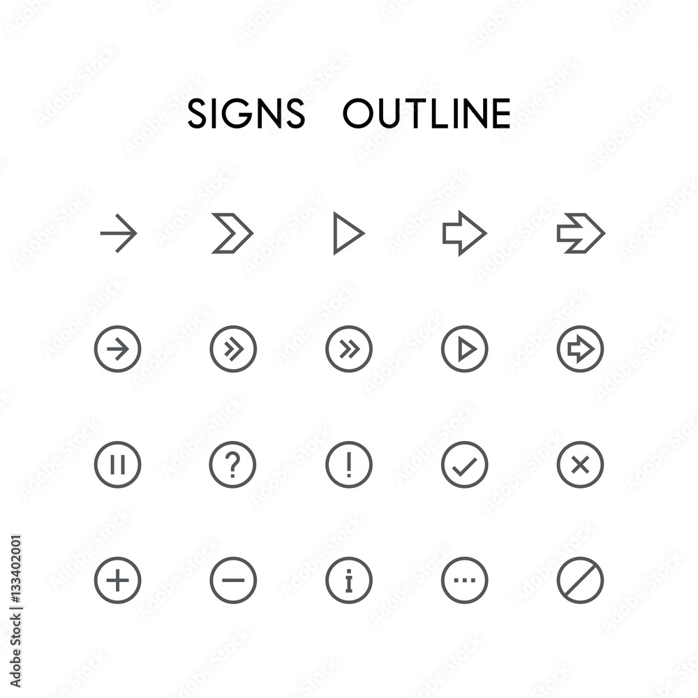 Signs outline icon set - different arrows, question and exclamation ...