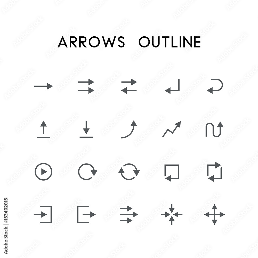 Vetor de Arrow outline icon set - different arrows, enter, back, upload ...