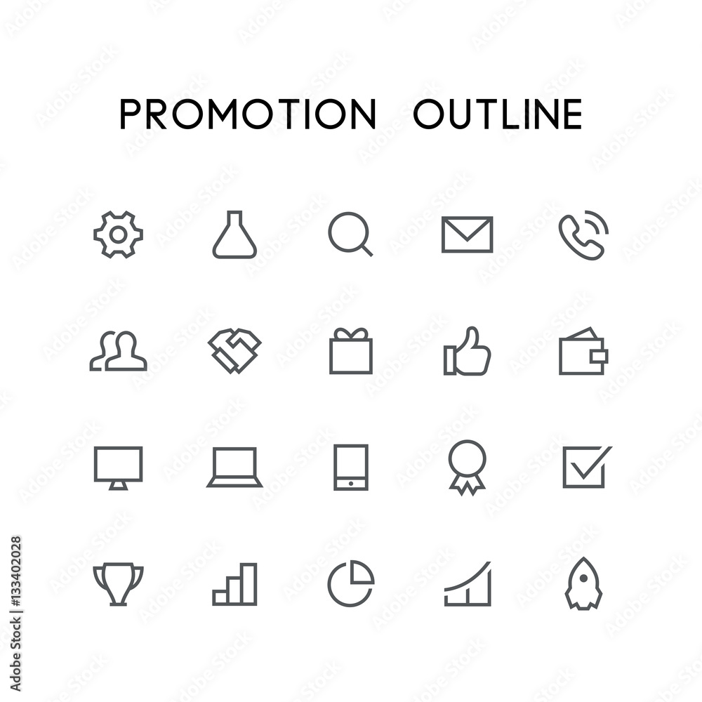 Promotion outline icon set - pinion, tube, search, envelope, telephone ...