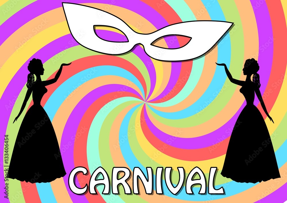 Carnival background with two black lady silhouettes and white face mask ...