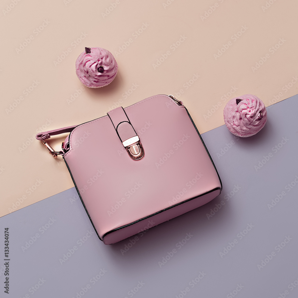 Ladies Fashion Accessories. Pink Bag Pastel colors Trend Minimal Stock ...