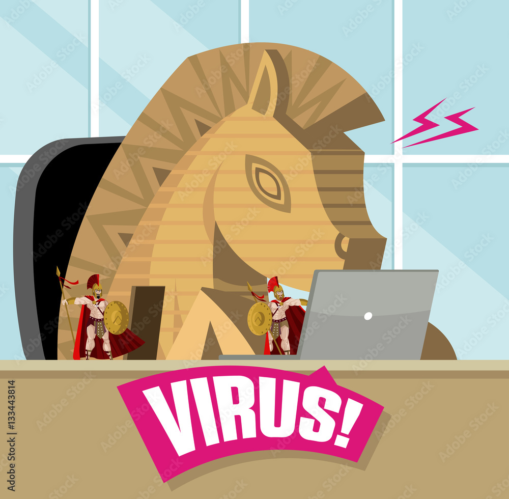 trojan wooden horse and tiny warriors inside computer virus infecting ...