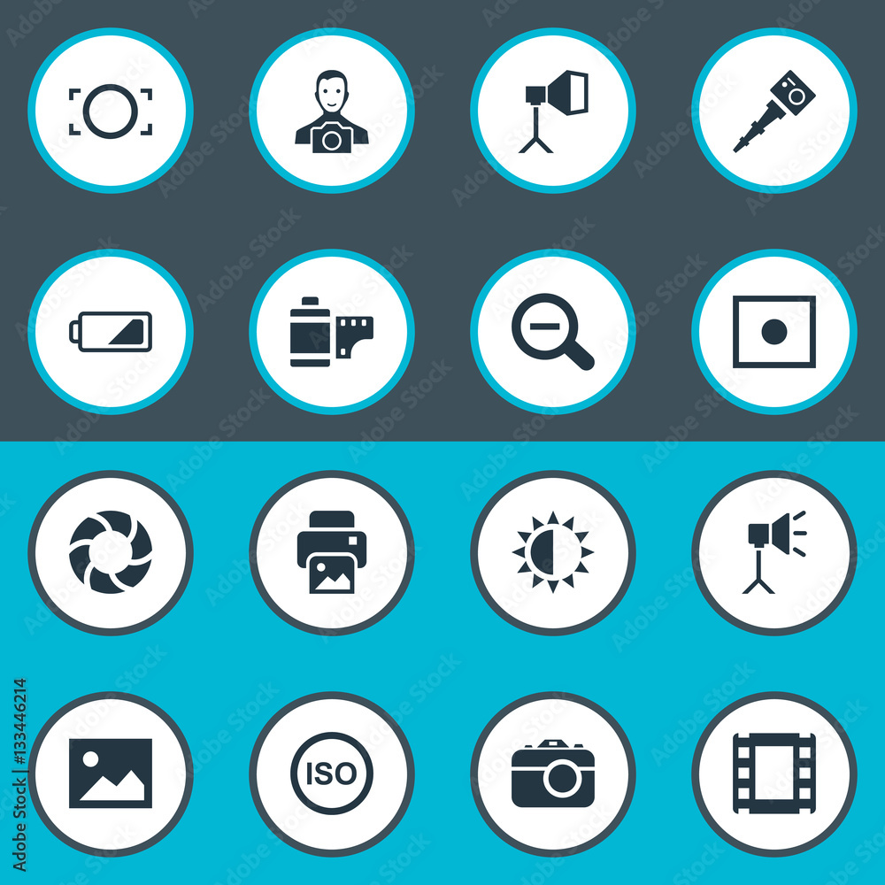 Set Of 16 Simple Photographer Icons. Can Be Found Such Elements As Lens ...