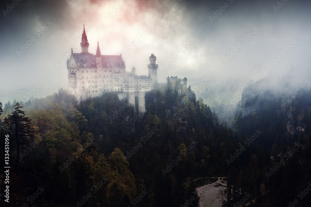 Neuschwanstein castle in Germany, Bavaria. Artistic post-production ...