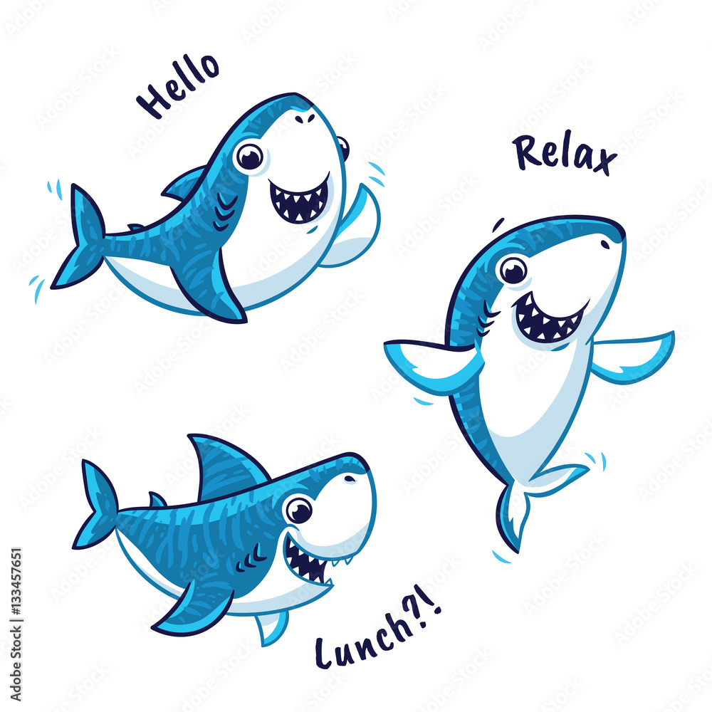 Set of blue shark cartoon character isolated on white background Stock ...