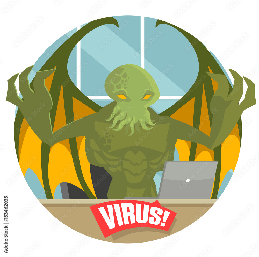 evil octopus face winged virus using a computer Stock Vector | Adobe Stock