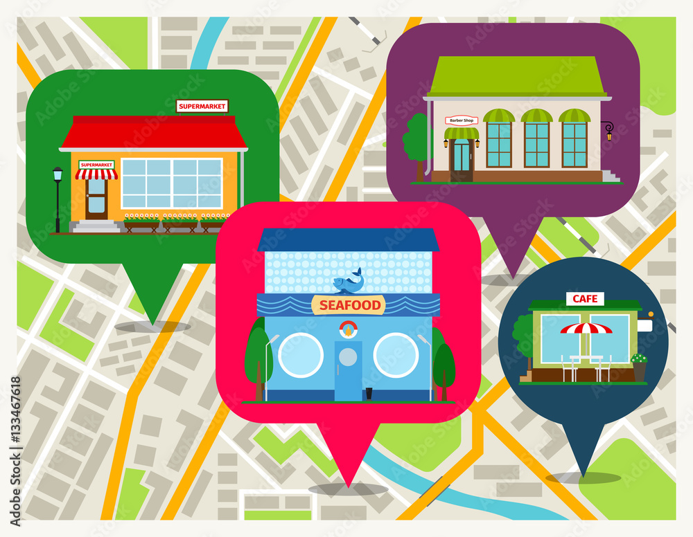 Navigation map with shops pins mobile app. Sea food restaurant, cafe ...