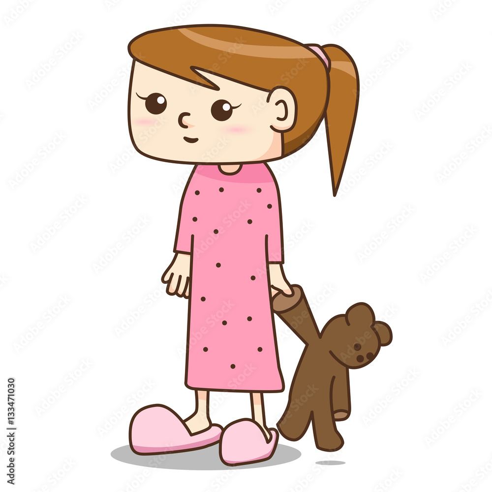 Cartoon girl in pajamas dress with her teddy vector Stock Vector ...