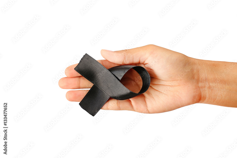 Black ribbon; human hands take and give decoration black ribbon hand ...