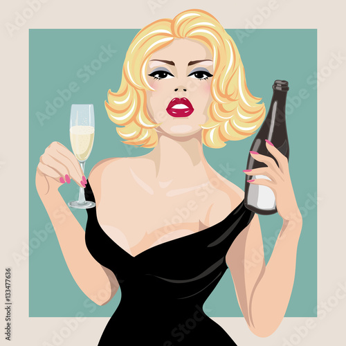 Pin Up Sexy Woman With Bottle Of Champagne Pop Art Portrait Hand Drawn Vector Illustration