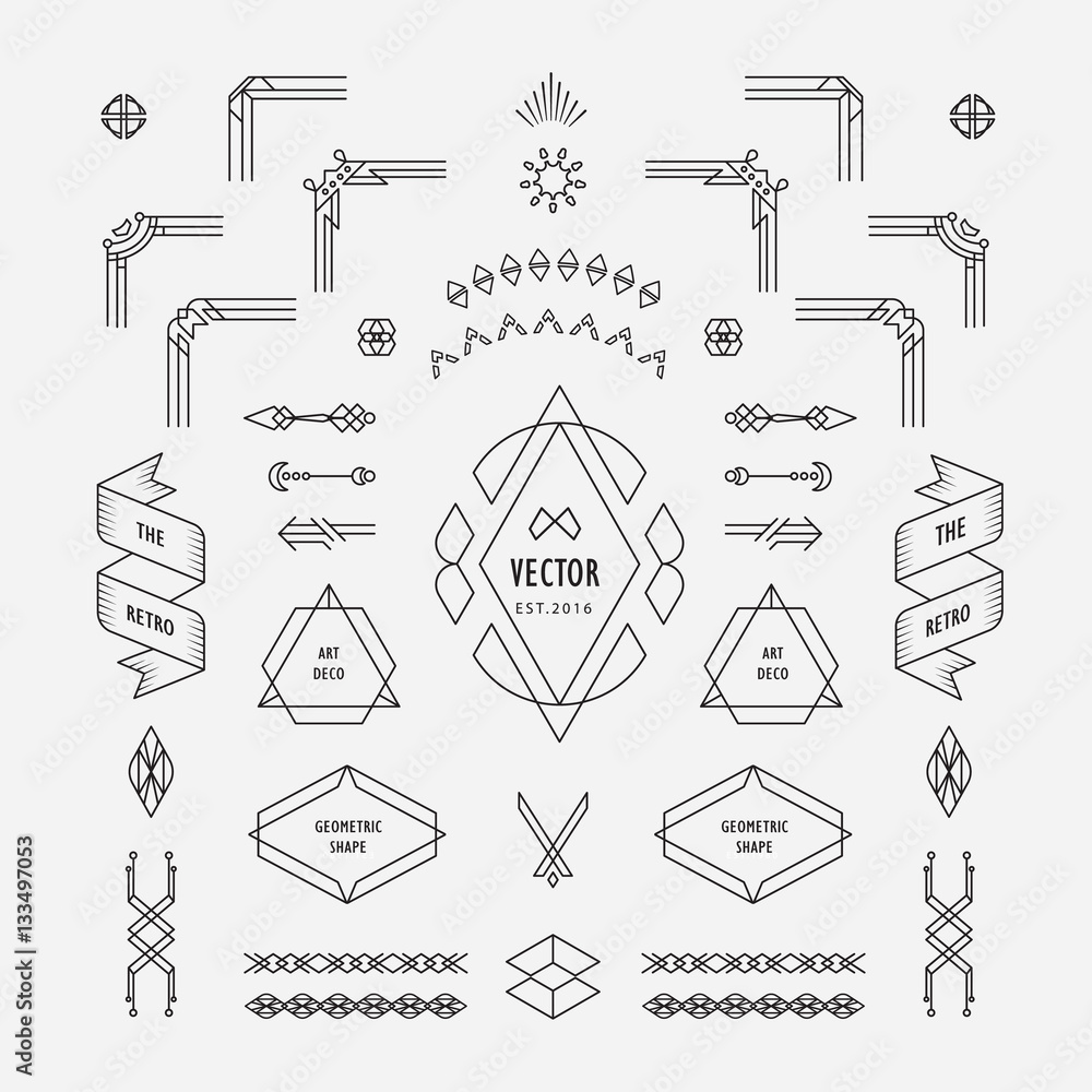 Set of vintage linear thin line art deco retro design geometric Stock ...