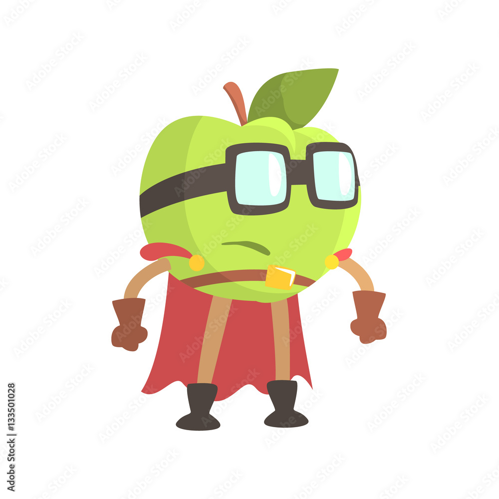 Apple In Glasses Wearing Cape Superhero Costume, Part Of Fruits In ...