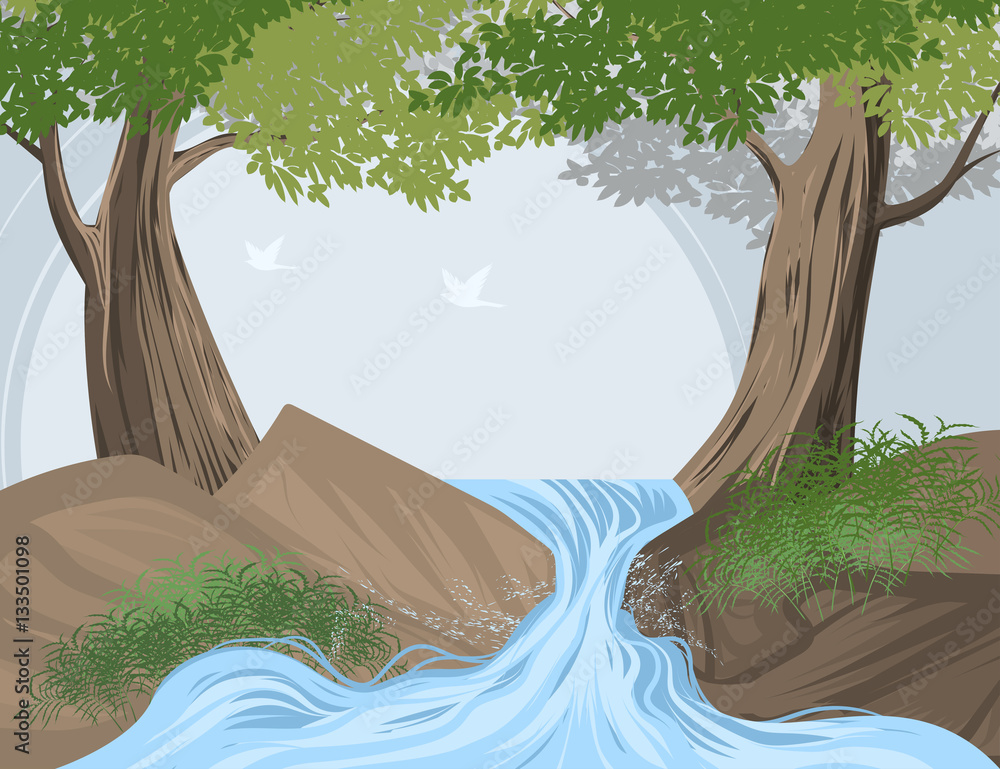 Forest and creek scenery vector nature landscape background Stock 벡터 ...