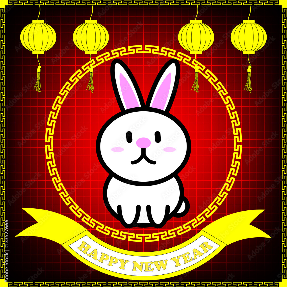 Happy new year of Rabbit year on red table background and hanging ...