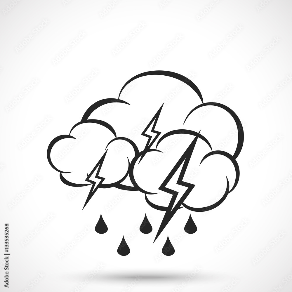 Weather icon. Cloud with lightning and rain drops isolated on white ...