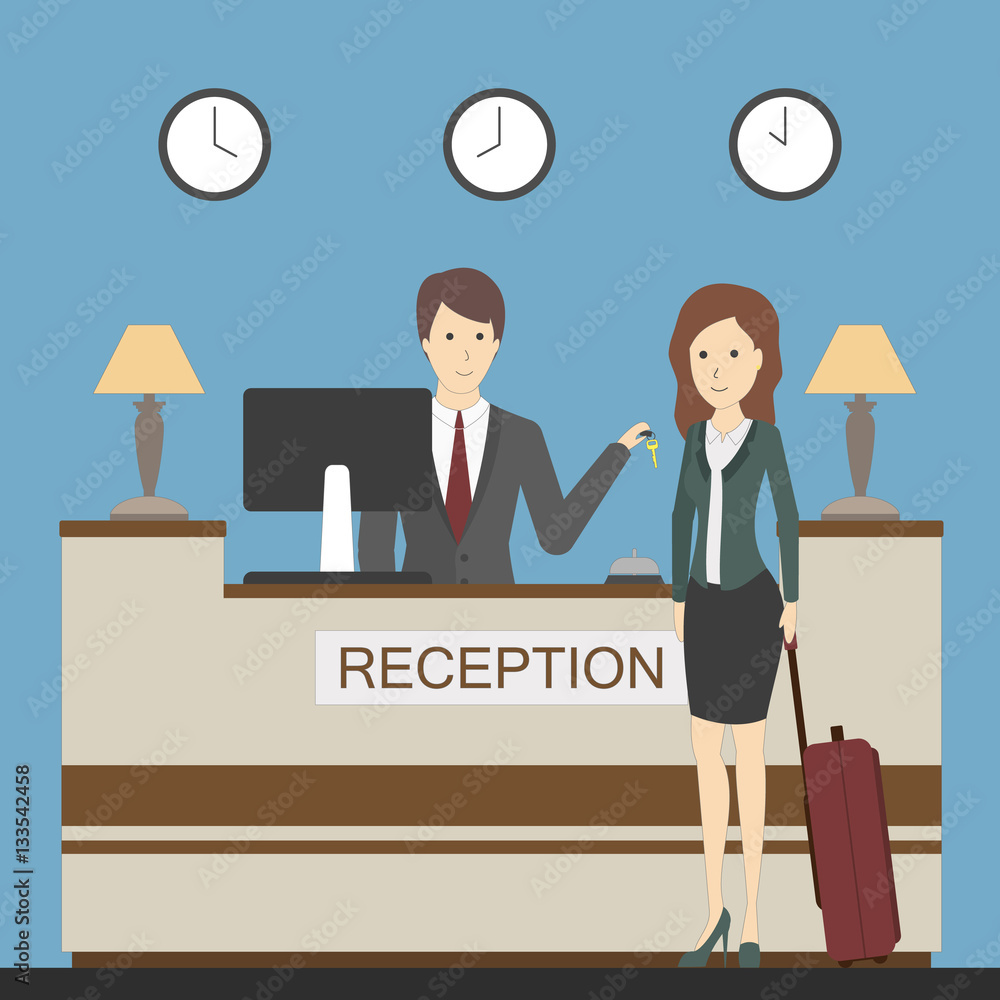 Hotel reception with host. Indoors interior of a hotel with world time ...