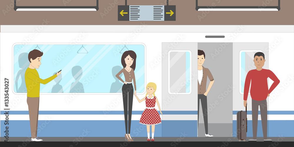 Subway interior set with train, enter and inside the railway. Train ...