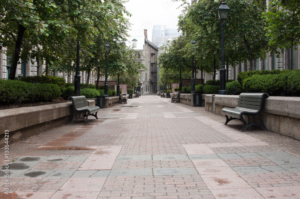 Empty pedestrain walkway in Old Montreal, Quebec, Canada. Park benches ...