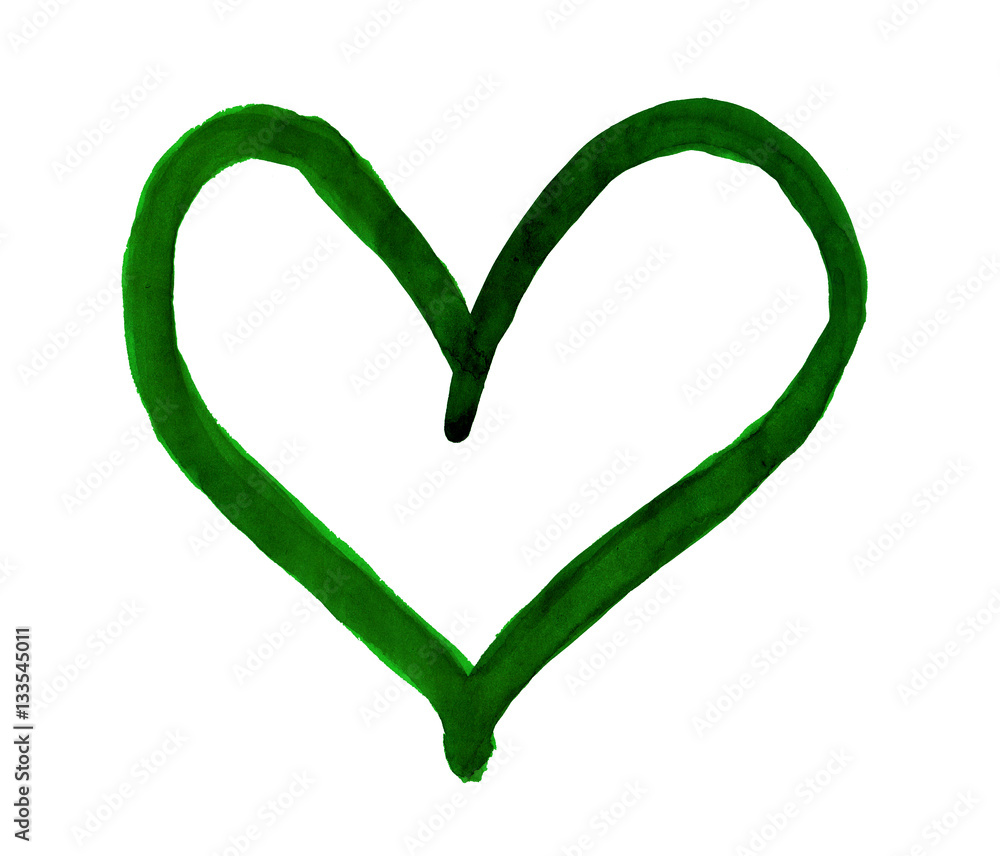 The outline of the dark green heart drawn with paint on white ...