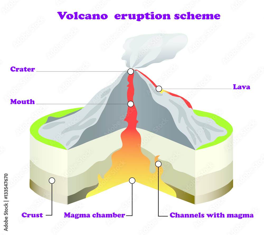 Volcano eruption scheme infographic on white isolated Stock Vector ...