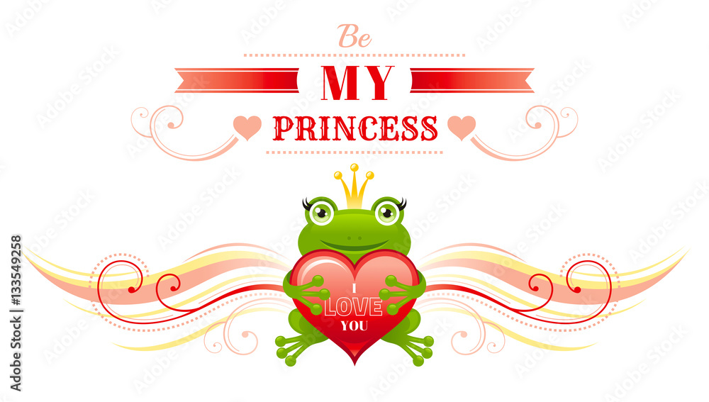 Happy Valentines day border, frog prince in crown, heart. Romance, love ...