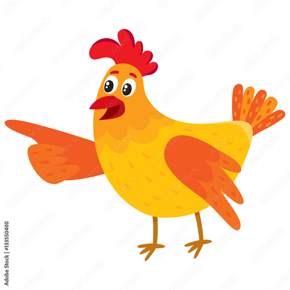 Funny cartoon red and orange chicken, hen pointing to something with ...