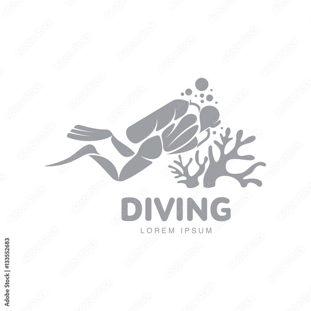Black and white graphic diving logo template with diver swimming ...