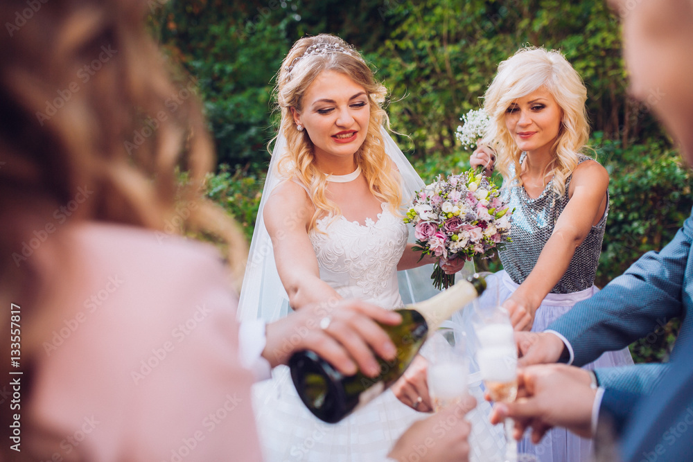 Bride and groom with happy groomsmen and bridesmaids having fun and ...