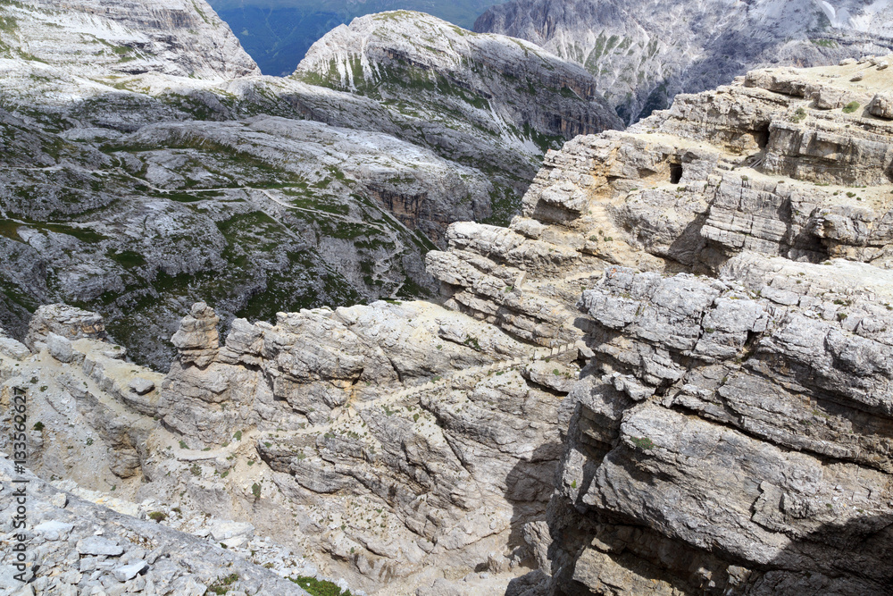 Steps at via ferrata Alpinisteig and Sexten Dolomites mountain panorama ...