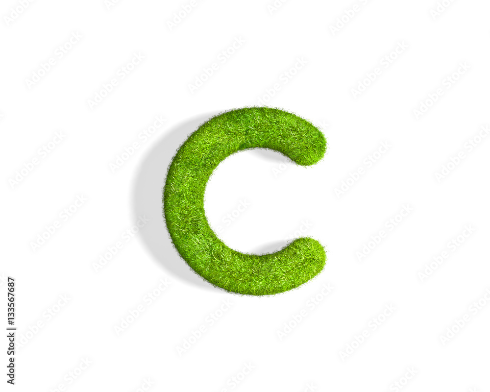 Grass letter C in lowercase format from top angle with shadow on ground ...
