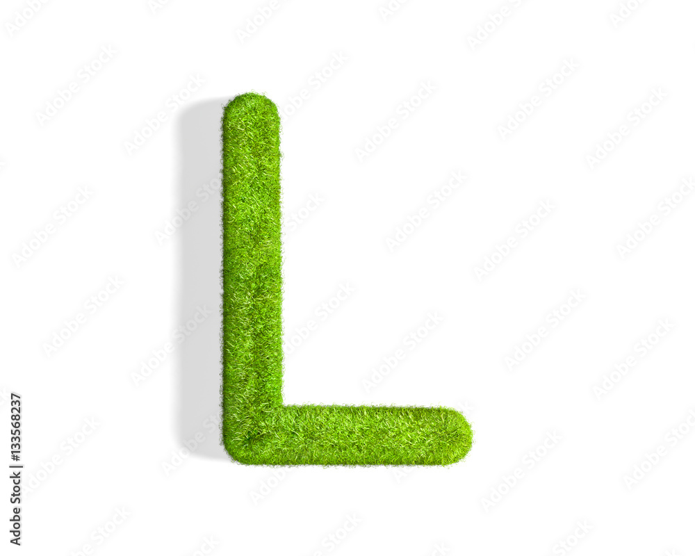 Grass letter L in uppercase format from top angle with shadow on ground ...