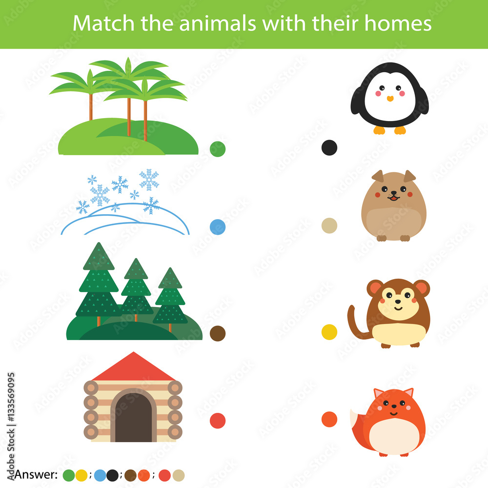 Matching children education game. Match animals with their homes Stock ...