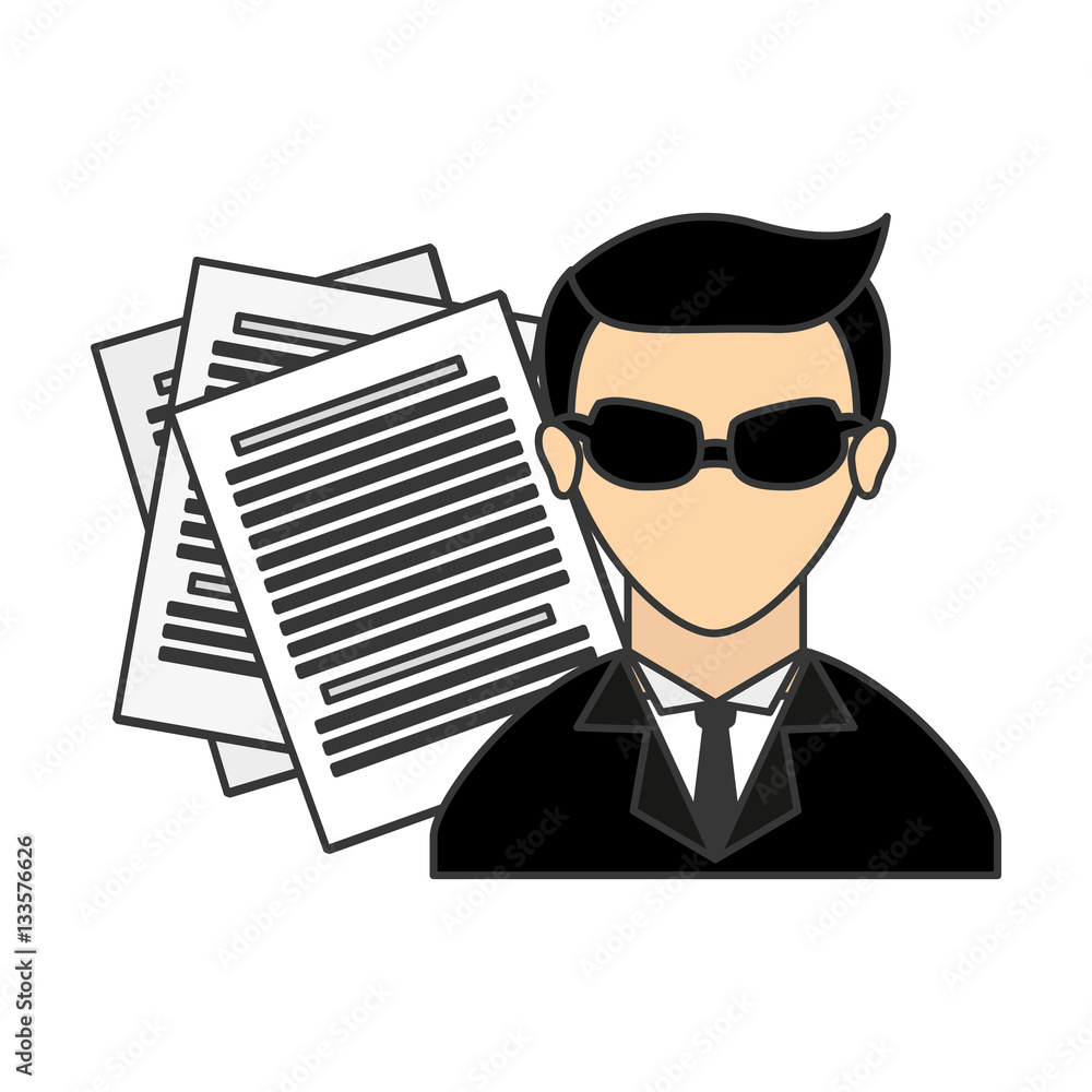 document pages and hacker avatar character icon over white background ...