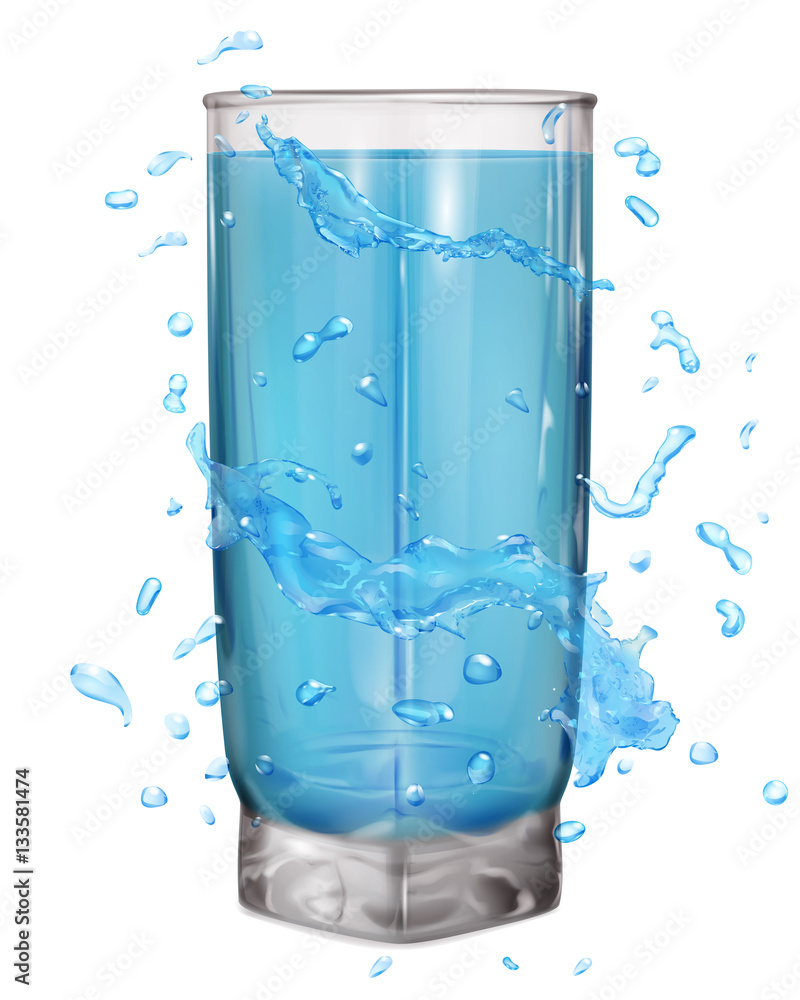 Water splashes in light blue colors around a opaque glass with light ...