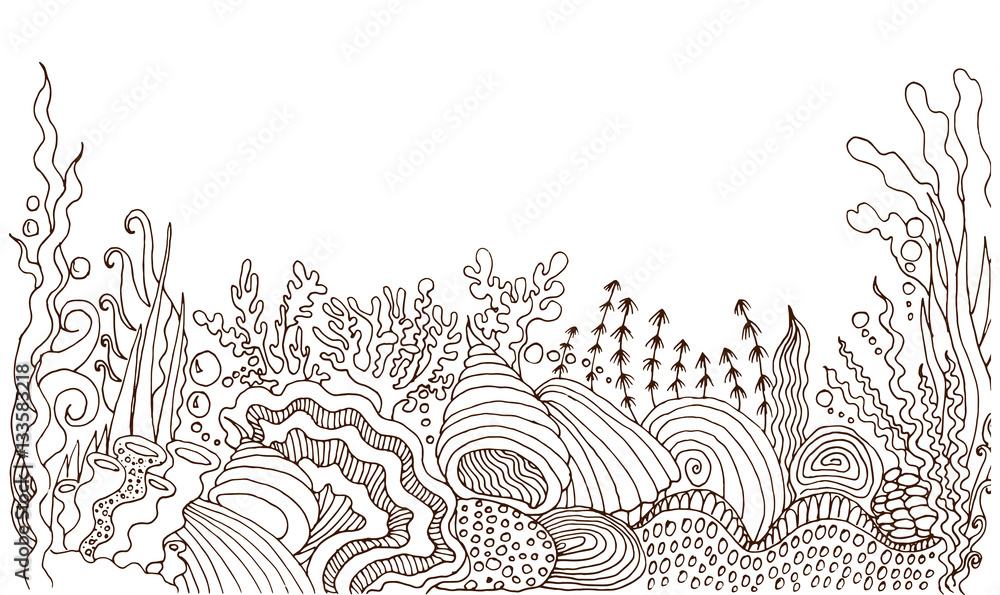 Raster cute coloring page stylized as a sea bottom. Art therapy and ...