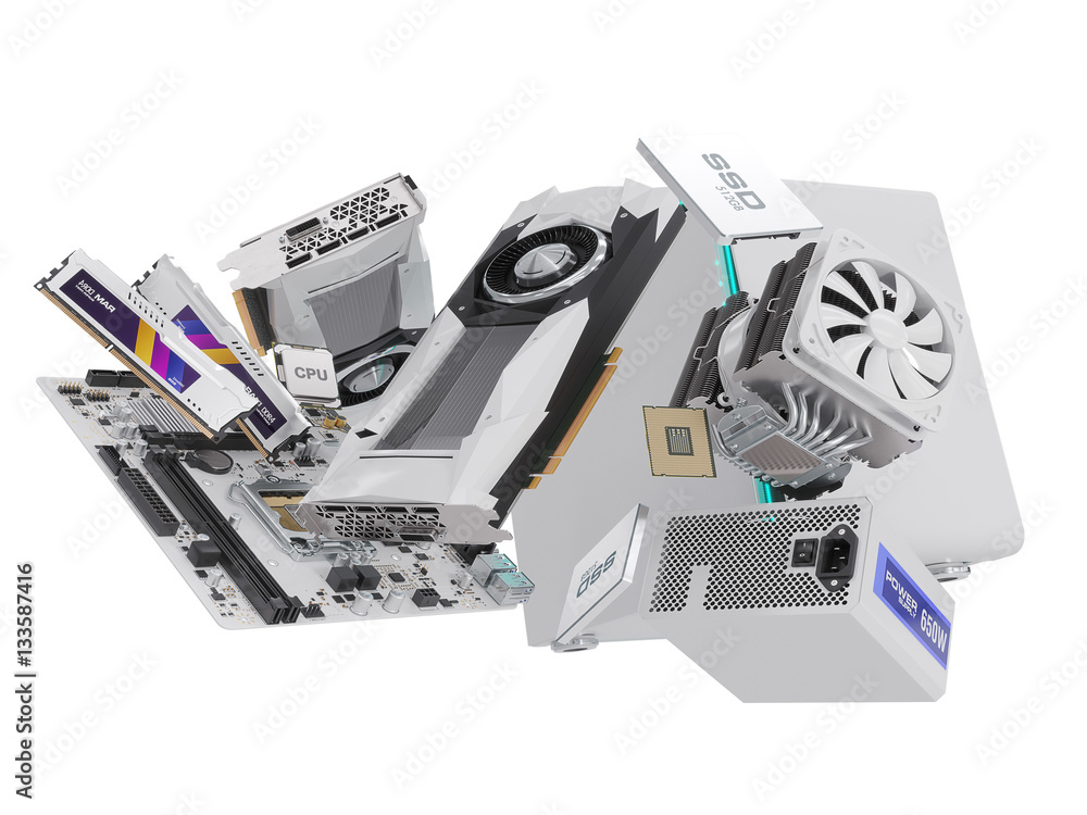 PC hardware components isolated on white. 3d rendering Stock ...