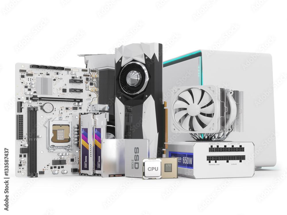 PC hardware components isolated on white. 3d rendering Stock ...