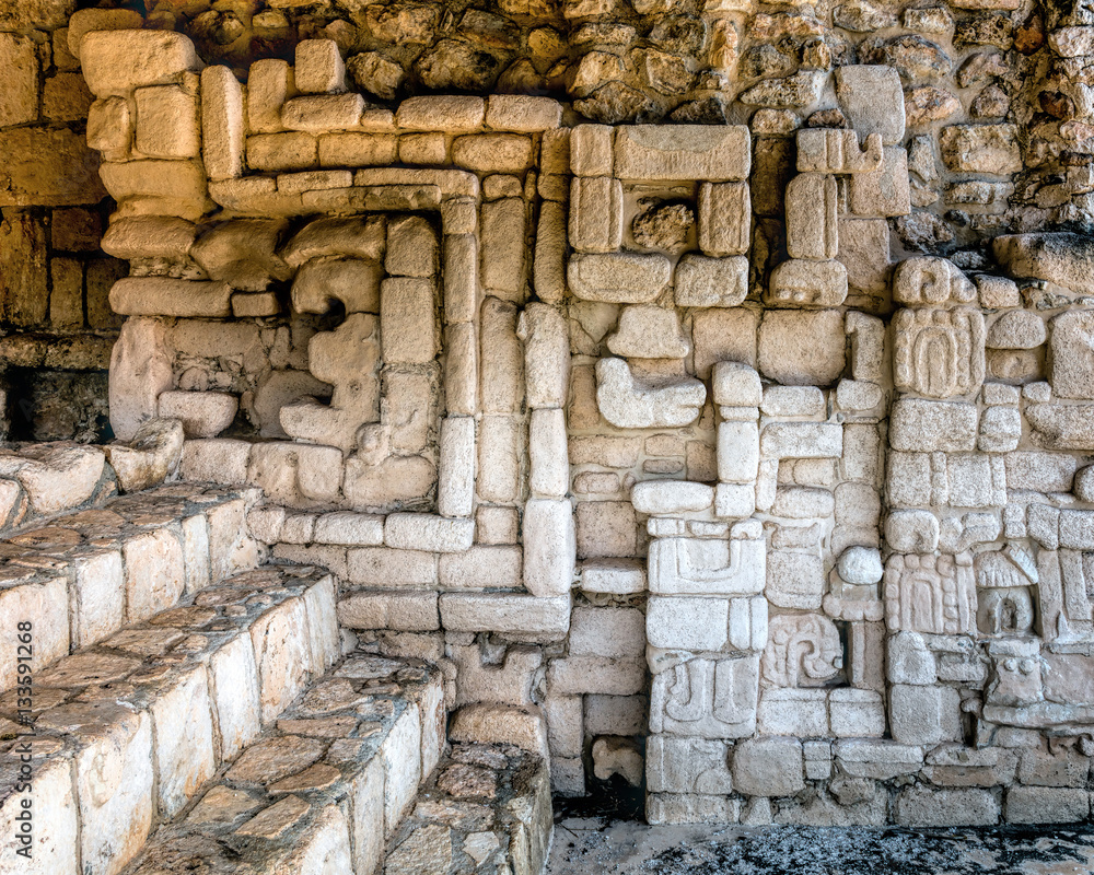 Ancient Mayan wall decorations in one of the rooms of Acropolis in Ek ...
