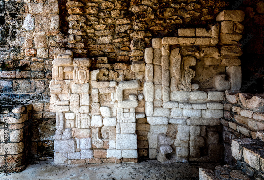 Ancient Mayan wall decorations in one of the rooms of Acropolis in Ek ...